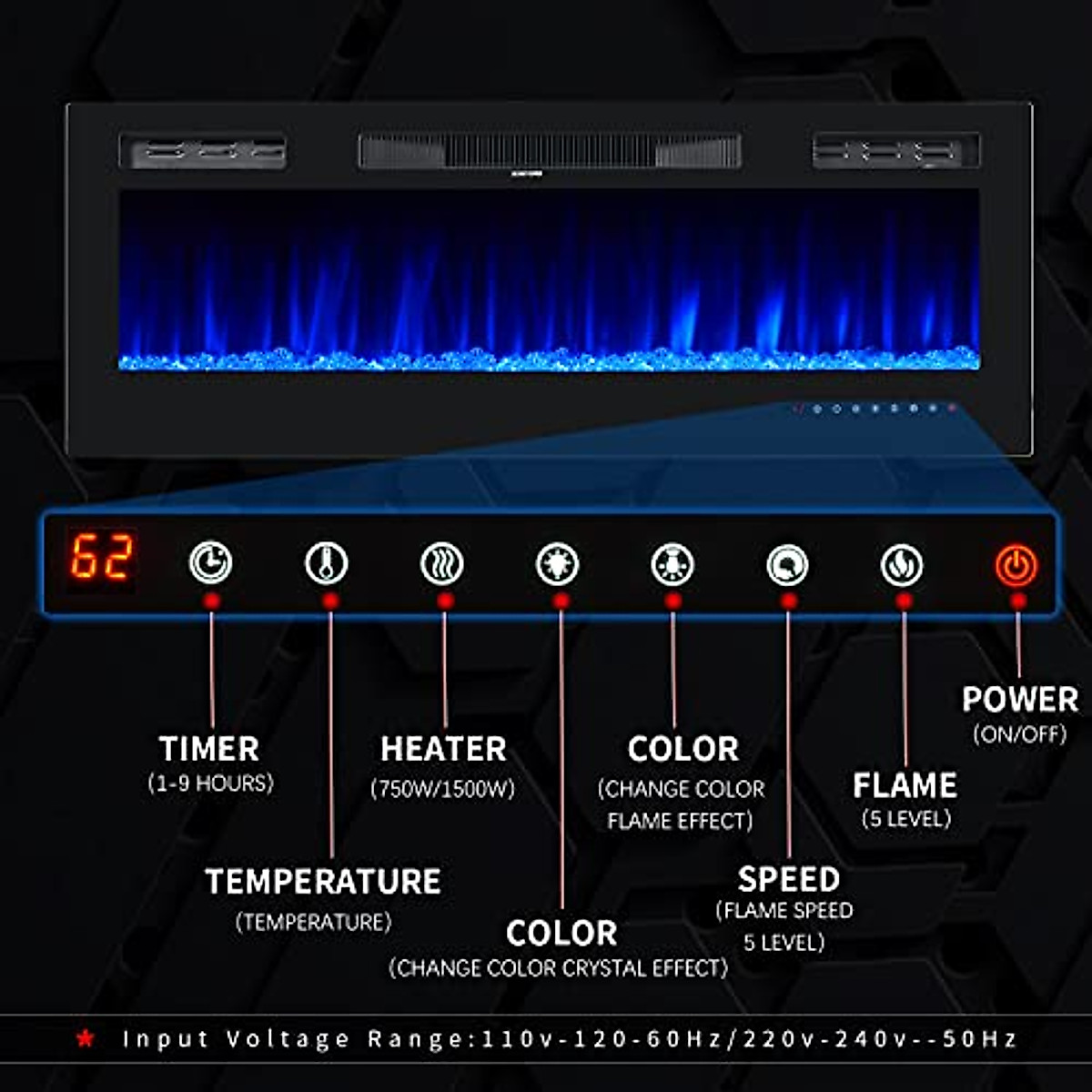 oneinmil Electric Fireplace, 50 inch Wide Recessed/Wall Mounted/Free Standing Electric Fireplace, Remote Control with Timer 12 Adjustable Color Flame, Remote Control,with Crystal Stone, 750/1500W