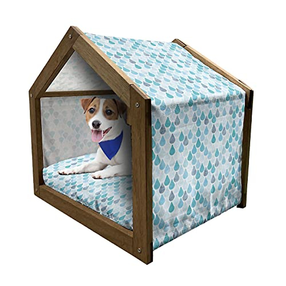 Ambesonne Watercolor Wooden Pet House, Droplets Pattern in Monochrome Tears Flowing, Indoor & Outdoor Portable Dog Kennel with Pillow and Cover, Large, Blue Grey Sky Blue