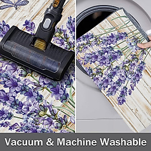 Spring Flower Kitchen Rugs Lavender Summer Floral Dragonfly Wood Grain Anti-Fatigue Absorbent Kitchen Mat Non-Slip Soft Shag Area Runner Rug for Bedroom Hallway Bathroom 15.7x23.6in+15.7x47.2in