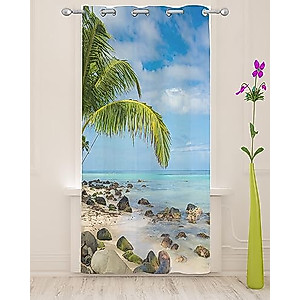 Sheer Curtains 1 Panel,Palm Tree Beach Sea Cloud Blue Sky Island Reef Stone Chiffon Window Treatment Grommet Semi Transparent Drapery for Kitchen Bedroom Decorations,52x96 Inch