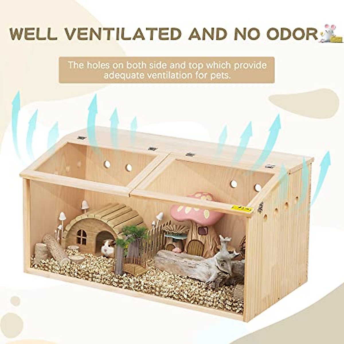 COZIWOW Wooden Hamster Cage, Animal Cabinet for Dwarf Syrian Hamsters Degus, Hamster Habitat with Openable Top and Large Acrylic Sheets, Small Animal Cage for DIY, Wood Color