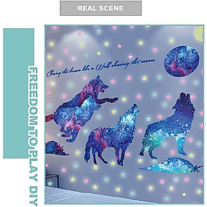 Starry Sky Galaxy Wolf Room Decor Wall Decal and Glow Moon Star Stickers RUIPBOTE Teen Bedroom Wall Decor Murals