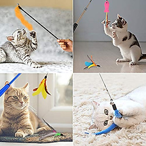 Qoosea Cat Feather Toys, 2PCS Retractable Cat Wand Toy and 13PCS Replacement Teaser with Bell Refills, Interactive Cat Wand for Kitten Cat Having Fun Playing