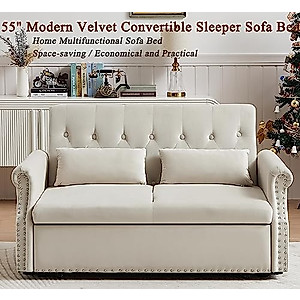 55" Convertible Loveseat Sofa Couch with Pull-Out Sleeper, 3-in-1 Modern Love seat Couch Bed with Adjustable Backrest and 2 Pillows,Velvet 2 Seater Couch Bed for Small Spaces Living Room(Beige)