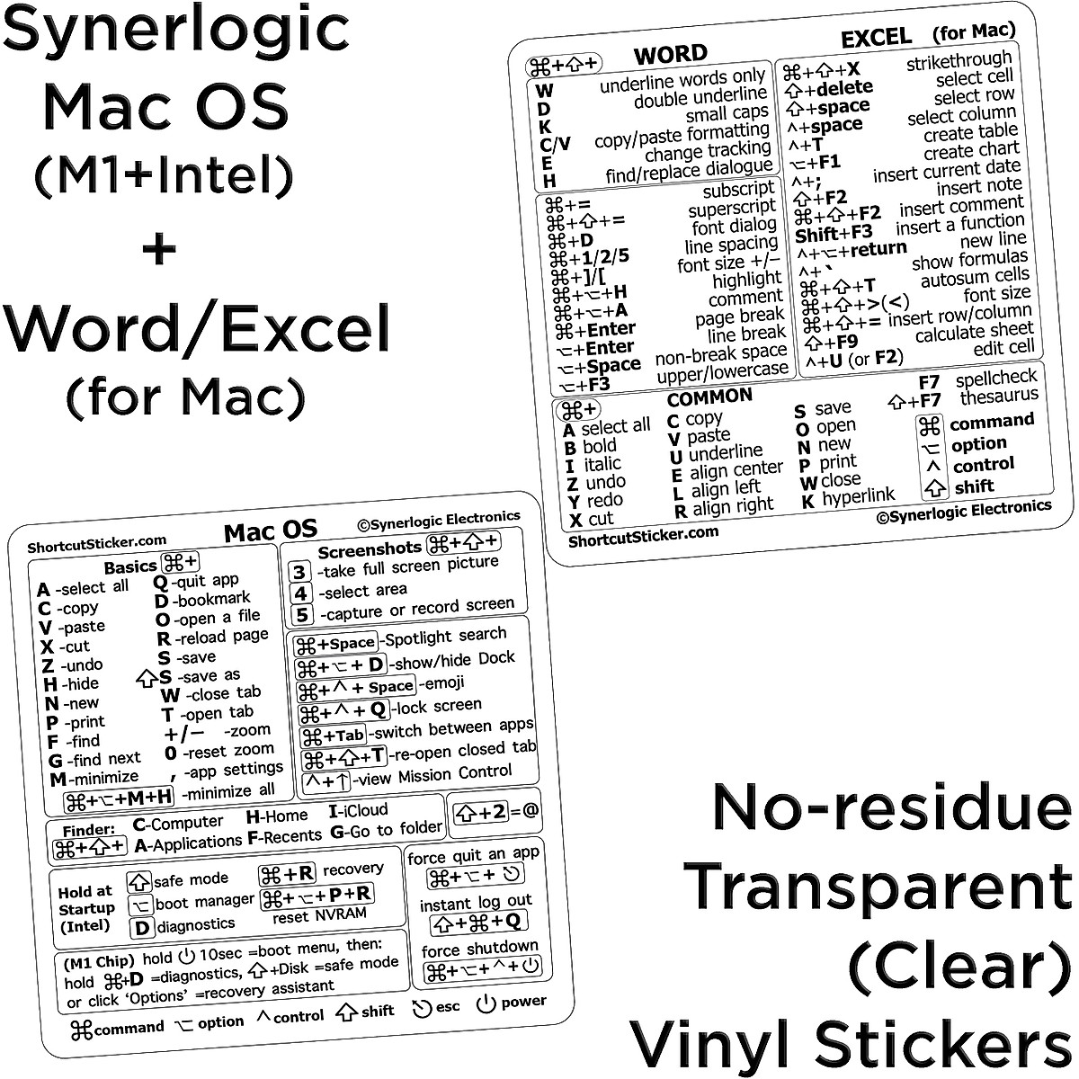 SYNERLOGIC Mac OS (M/Intel) + Word/Excel (for Mac) Quick Reference Keyboard Shortcut Stickers - for MacBook Air/Pro/iMac/Mac/Mini (Clear, 1 Set)