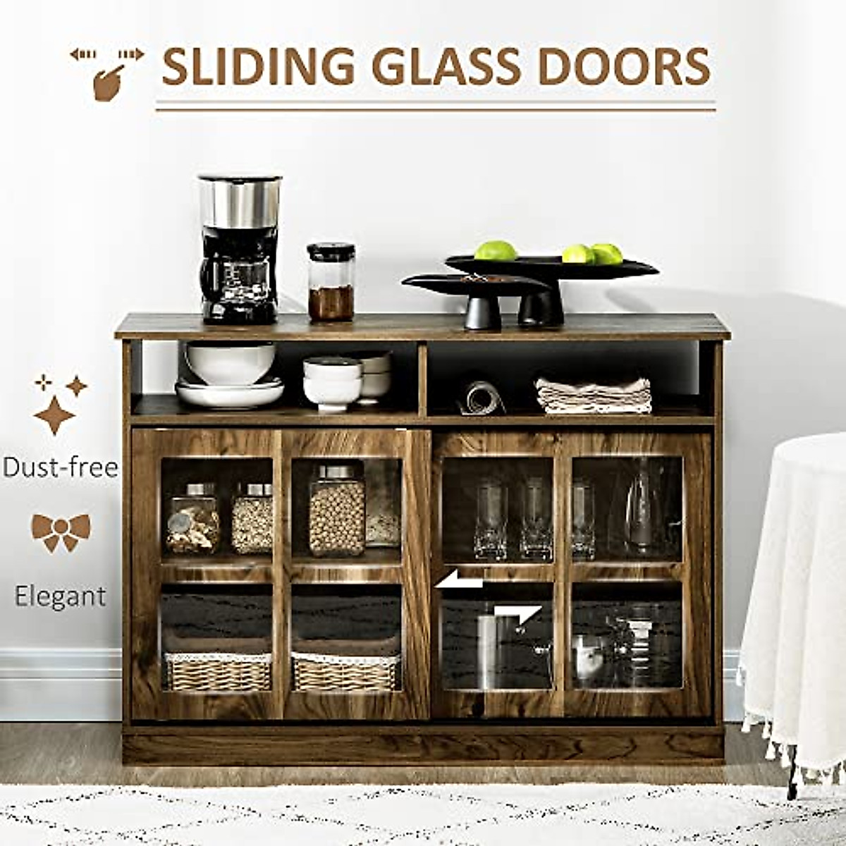 HOMCOM Sideboard with Glass Sliding Doors, Buffet Cabinet, Coffee Bar Cabinet with Adjustable Shelf, Walnut