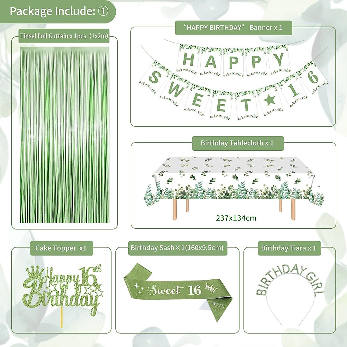 Sweet 16 Party Decorations, Sage Green 16th Birthday Decorations for Girls Sweet 16 Birthday Banner Green Gold Balloons Crown Sash Fringe Curtain Tablecloth Cake Topper for Girls 16th Birthday Decor