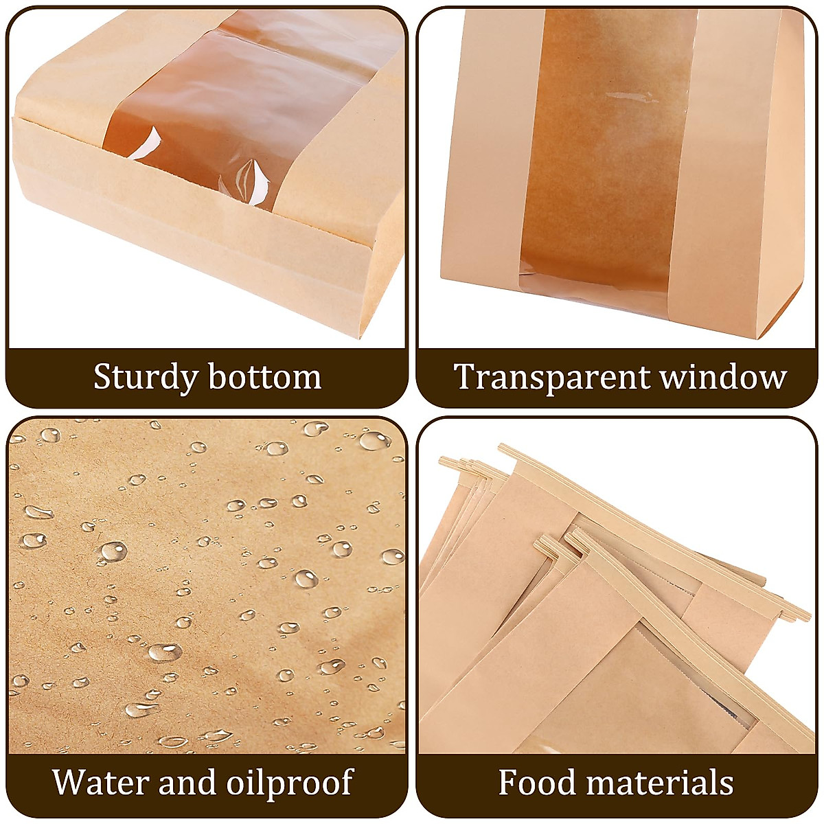 Dualshine 100 Pcs Bread Bags for Homemade Bread Sourdough Bread Bags Paper Kraft with Window Bread Bags 14" x 8.3" x 3.5" with Tin Strip and 500 Pcs Seal Stickers for Cookies Coffee Beans and Bakery