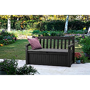 Keter Solana 70 Gallon Storage Bench Deck Box for Patio Furniture, Front Porch Decor and Outdoor Seating – Perfect to Store Garden Tools and Pool Toys, Grey