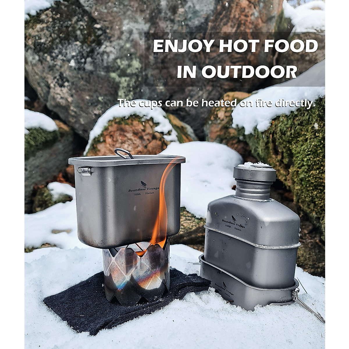 Boundless Voyage Titanium Military Canteen Cups Set Outdoor Camping Hiking Water Bottle Bowl Cooking Set Mess Kit (Ti15158B (Canteen+2cups set))