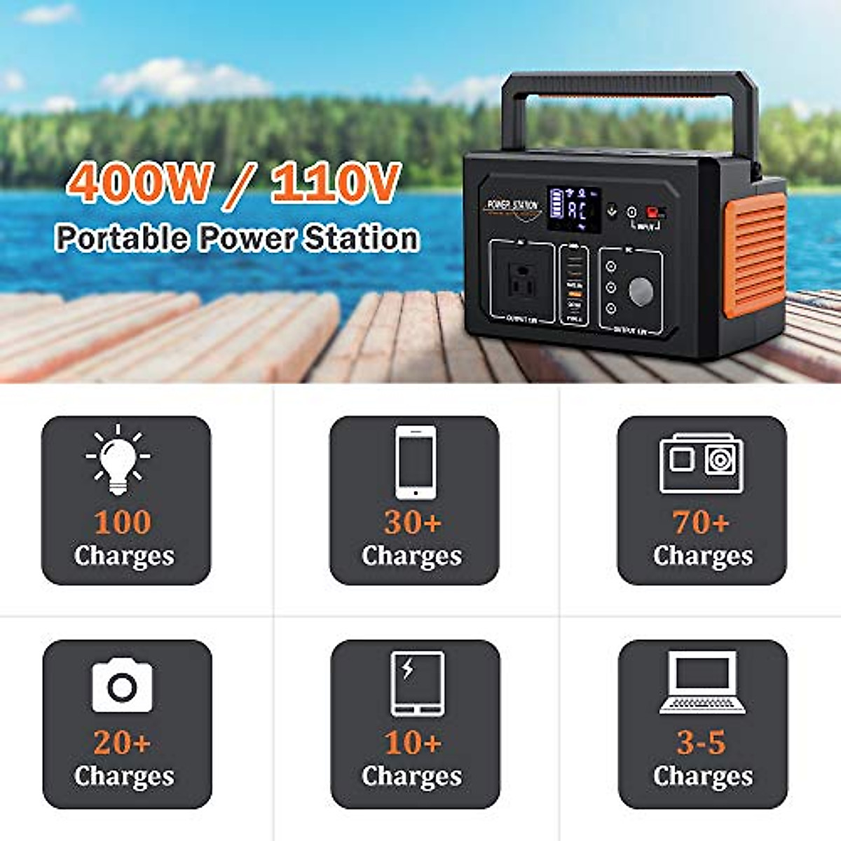 Portable Power Station 400Wh Outdoor Solar Generator Mobile Lithium Battery Pack with 110V/400W AC Outlet, LED Light for Road Trip Camping, Outdoor Adventure