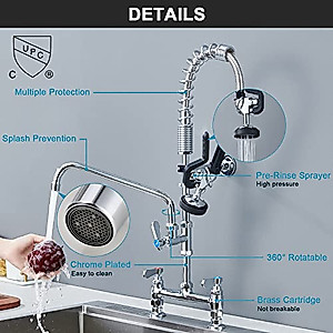 Favorpo Commercial Sink Faucets with Pull Down Sprayer 24"Pre-Rinse Height Deck Mount Kitchen Faucet Brass Constructed Polished Chrome 8" Center Faucet with 10" Add-on Spout for 3 Compartment Sink