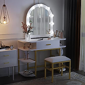 Semiocthome White Vanity Mirror with Lights and Table Set with Drawers, 9 LED Lights Makeup Vanity Desk with Stool, Girls Vanity Table with 6 Shelves, Gold Metal Frame Dressing Table with Chair