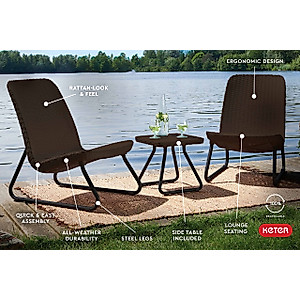 Keter Rio 3 Piece Resin Wicker Patio Furniture Set with Side Table and Outdoor Chairs, Brown