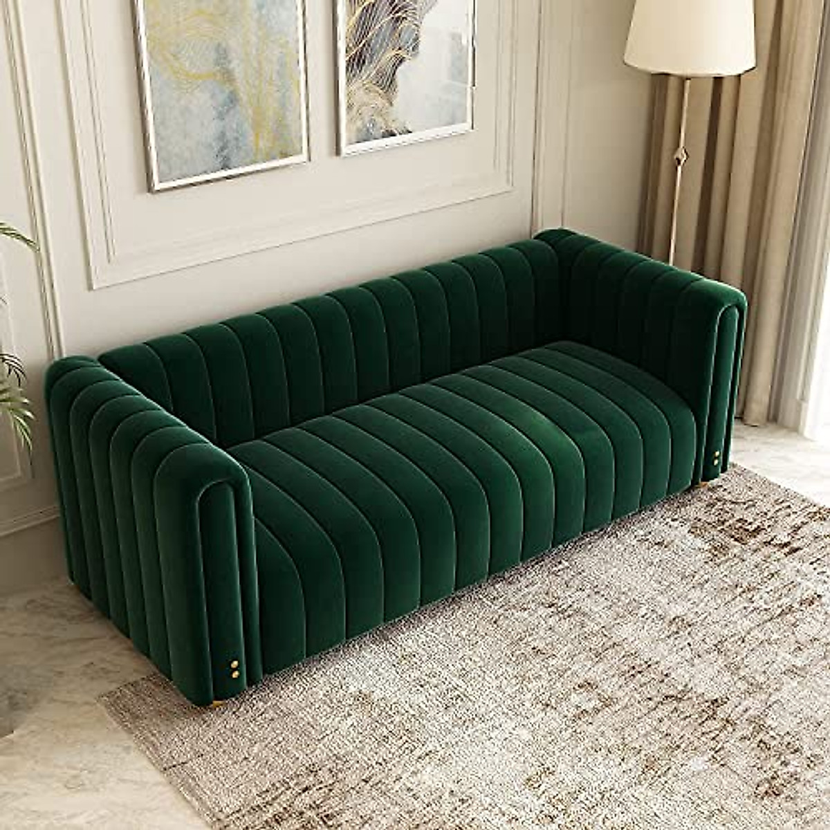 Green Velvet Couch Sofa Loveseat, 81.3 Wide Mid Century Modern Couch Small Spaces Love Seat Tufted Chesterfield Velvet Sofa Futon with Gold Leg, Comfy 3 Seat Extra Deep Sofas Couches for Living Room
