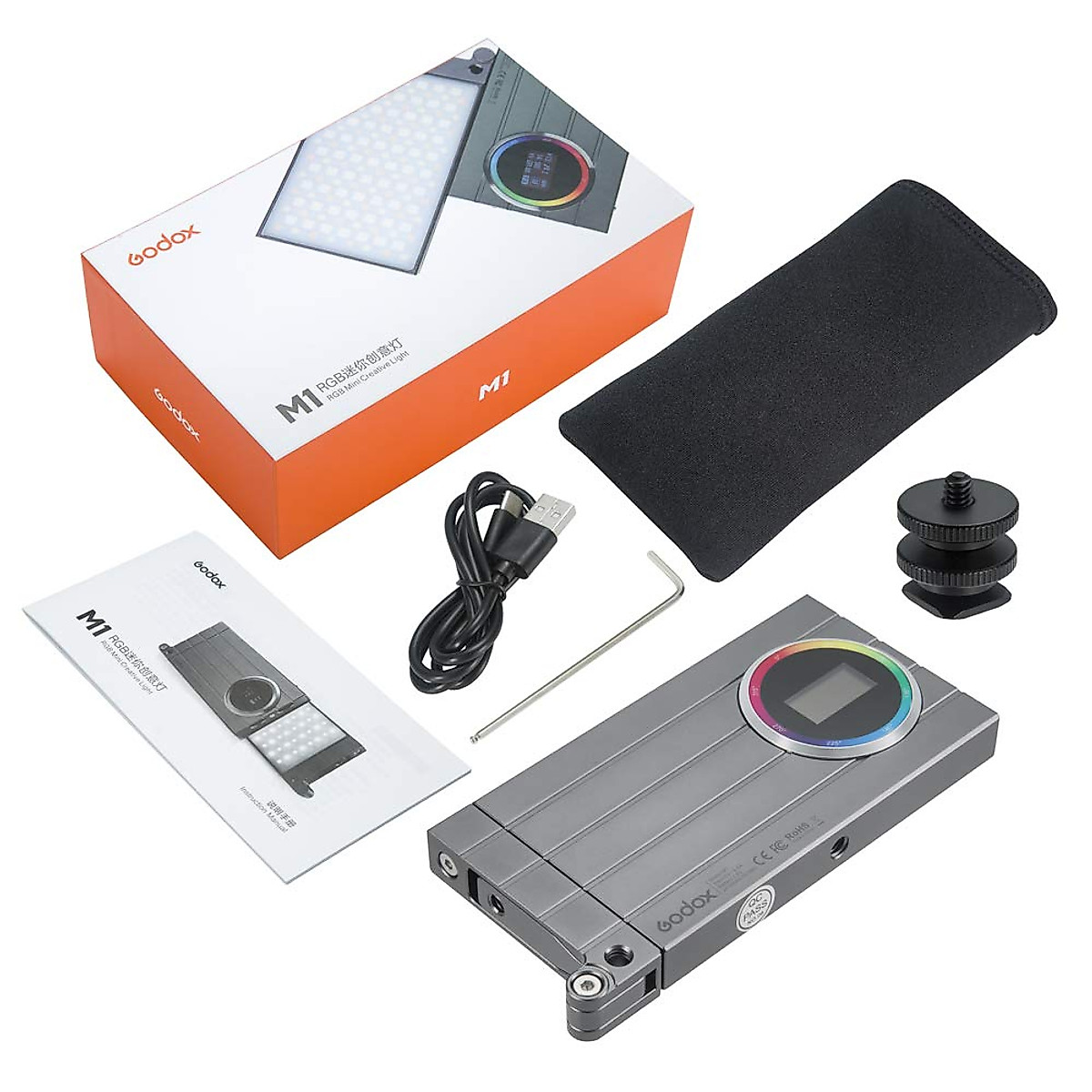 Godox M1 RGB Camera Light, Portable LED Video Light, Pocket Full Color LED Video Light Panel CRI 97+ 2500k-8500k, Music Beats Function and 15 FX Lighting Effects with Aluminum Alloy Body - Gray