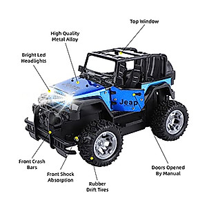 onthego RC Truck Jeep, 4WD Off-Road Remote Control Car SUV with Light, Metal Racing Vehicle Toy Car with Spring Suspension/Door Open/Storage Case for Kids Boys(Blue)