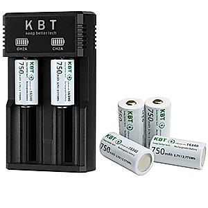 KBT Rechargeable 123A Battery Charger:2 Slot Smart Charger with 4pack 750mAh Lithium Battery for Arlo Camera VMC3030 VMK3200 VMS3230/3330/3430/3530 & Flashlight & Headlamp