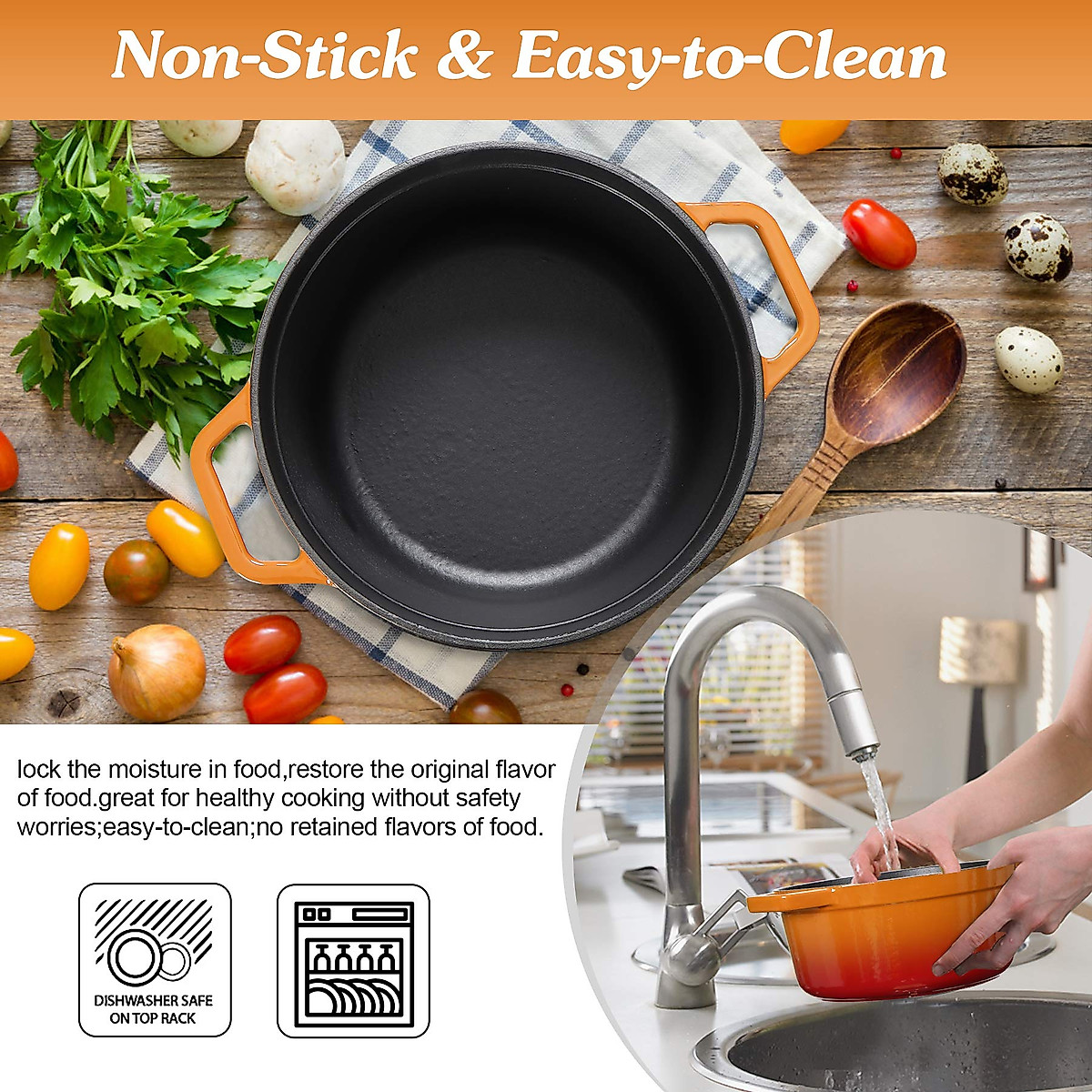 WISELADY Enameled Cast Iron Dutch Oven Bread Baking Pot with Lid (4QT, Orange)