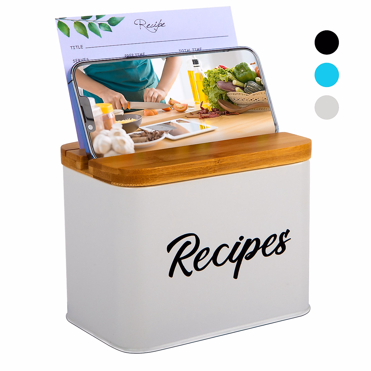 ArtEight Recipe Box - White - 4"x6" Recipe Cards and Box Set - Durable Recipe Card Box with Thicker Metal - Includes 25 Cards and 10 Dividers - Beautiful Recipe Box with Cards and Dividers