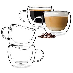 BOQO Glass Coffee Cups Set of 4,Double Walled Insulated Drinking Glass Coffee Mugs with Handle,Perfect for Latte, Cappuccinos, Tea Bag, Juice (120ml /4oz Water Glasses)…