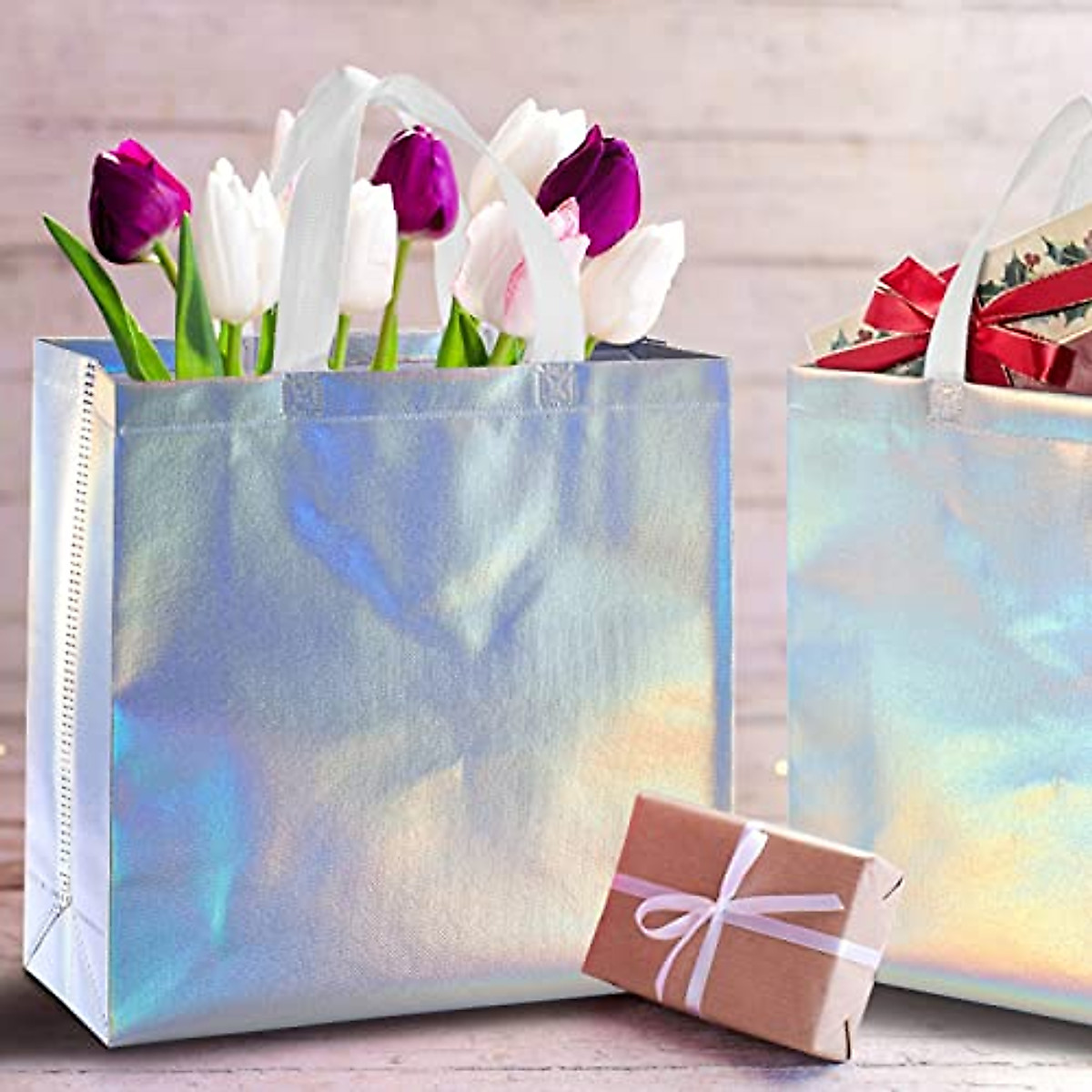 TOPZEA 20 Pack Glossy Reusable Grocery Bags 12.5" x 12.5", Large Non-woven Tote Shopping Bag with Handle, Wedding Bridesmaid Bag Iridescent Gift Bags Goodie Bag for Small Business, Christmas, Party