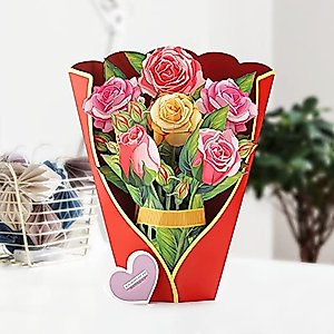 MONJITA Pop Up Flower Bouquet, 3D Paper Flower Card for Mom Dad Girlfriend Boyfriend Grandparents Sister Brother Friends, Thank You, Thinking of You Card (Rose)