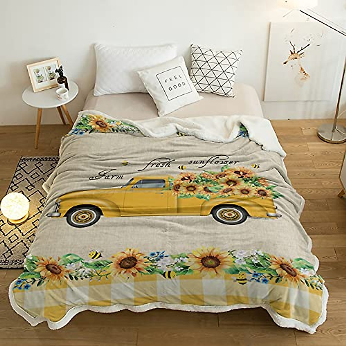 ArneCase Throw Blanket Cozy& Comfy Sherpa Fleece Blankets Yellow Farm Truck Carrying Sunflowers Vintage Style On Yellow Plaid Ultra Soft Fuzzy Plush Blanket for Couch,Sofa,Bed 39x49In