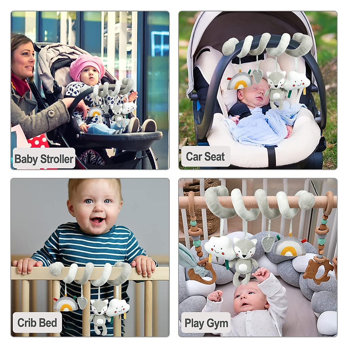 Blublu Park Baby Car Seat Toys, Activity Spiral Plush Hanging Wrap Around Pram Pushchair Stroller Toys, Sensory Early Education Toy for Toddler, Grey Fox