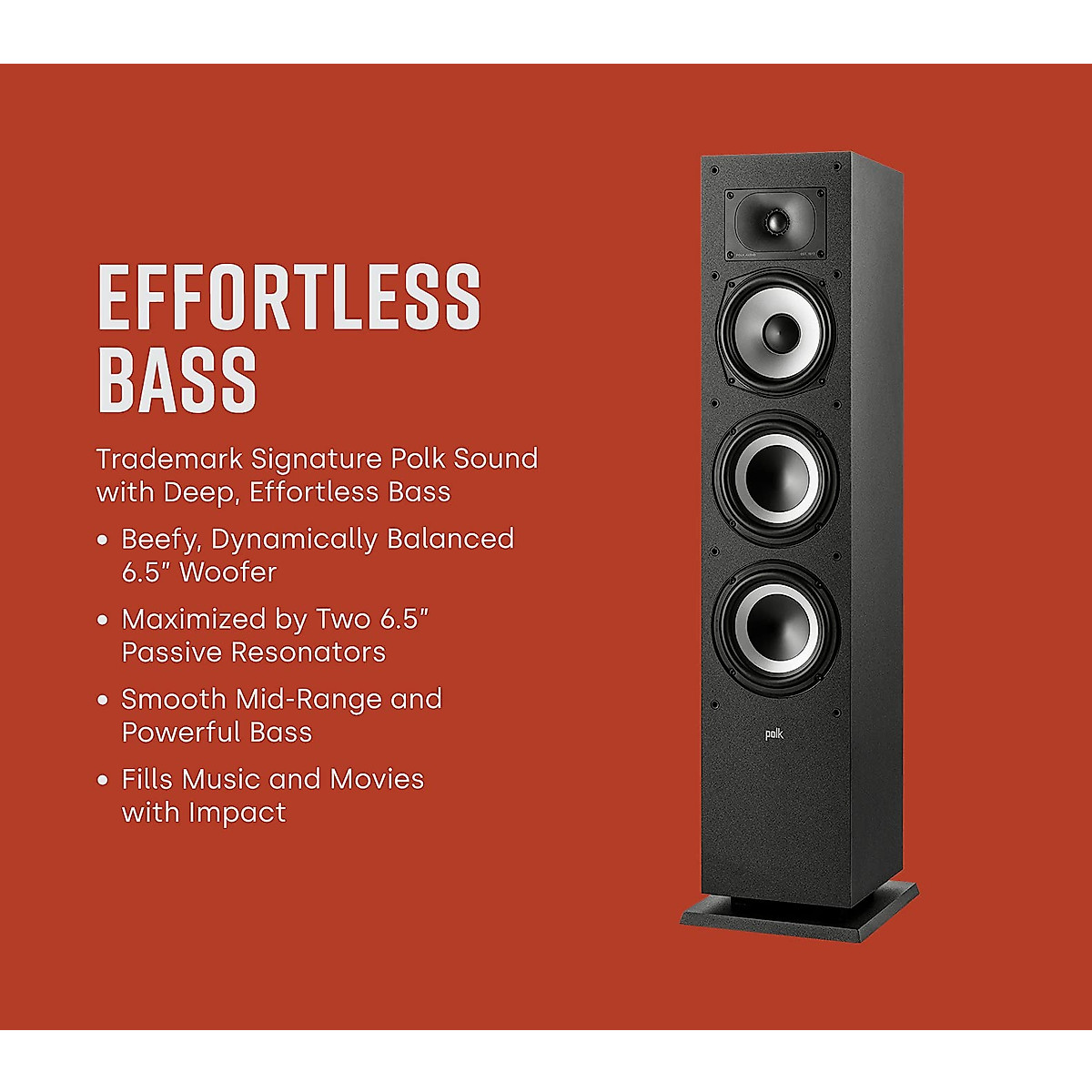 Polk Monitor XT60 Tower Speaker - Hi-Res Audio Certified, Dolby Atmos, DTS:X & Auro 3D Compatible, 1" Tweeter, 6.5" Dynamically Balanced Woofer, (2) 6.5" Passive Radiators (Single, Midnight Black)