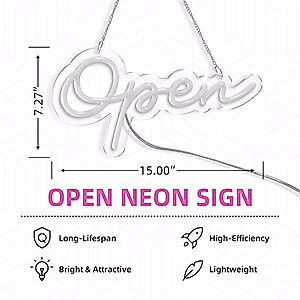 Open Signs for Business, 15"x 7.3" LED Neon Open Sign with Remote ON/OFF Switch Adjustable Brightness Open Neon Signs for Restaurant Bar Salon Stores Hotel Wall Decor Light Open Sign (White)