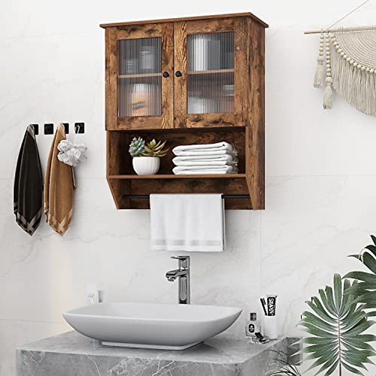 Tohomeor Bathroom Wall Cabinet with Towels Bar Wooden Medicine Cabinet with 2 Doors Wall Mounted Storage Cabinet Over Toilet Bathroom Cabinet (Brown)