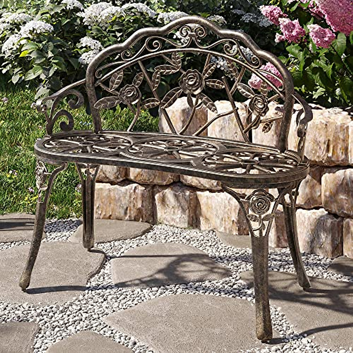 BELLEZE Outdoor Bench, Patio Outdoor Garden Bench Cast Aluminum Metal Loveseat Chairs for Park, Yard, Porch, Lawn, Balcony, Backyard, Antique Floral Rose Accent Seat Furniture, Bronze