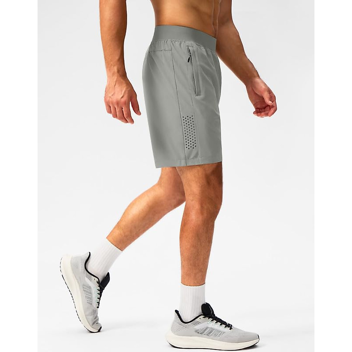 Pudolla Men's Workout Running Shorts with 3 Zipper Pockets Lightweight 7" Gym Shorts for Men Athletic Walking Hiking(Bright Grey Medium)