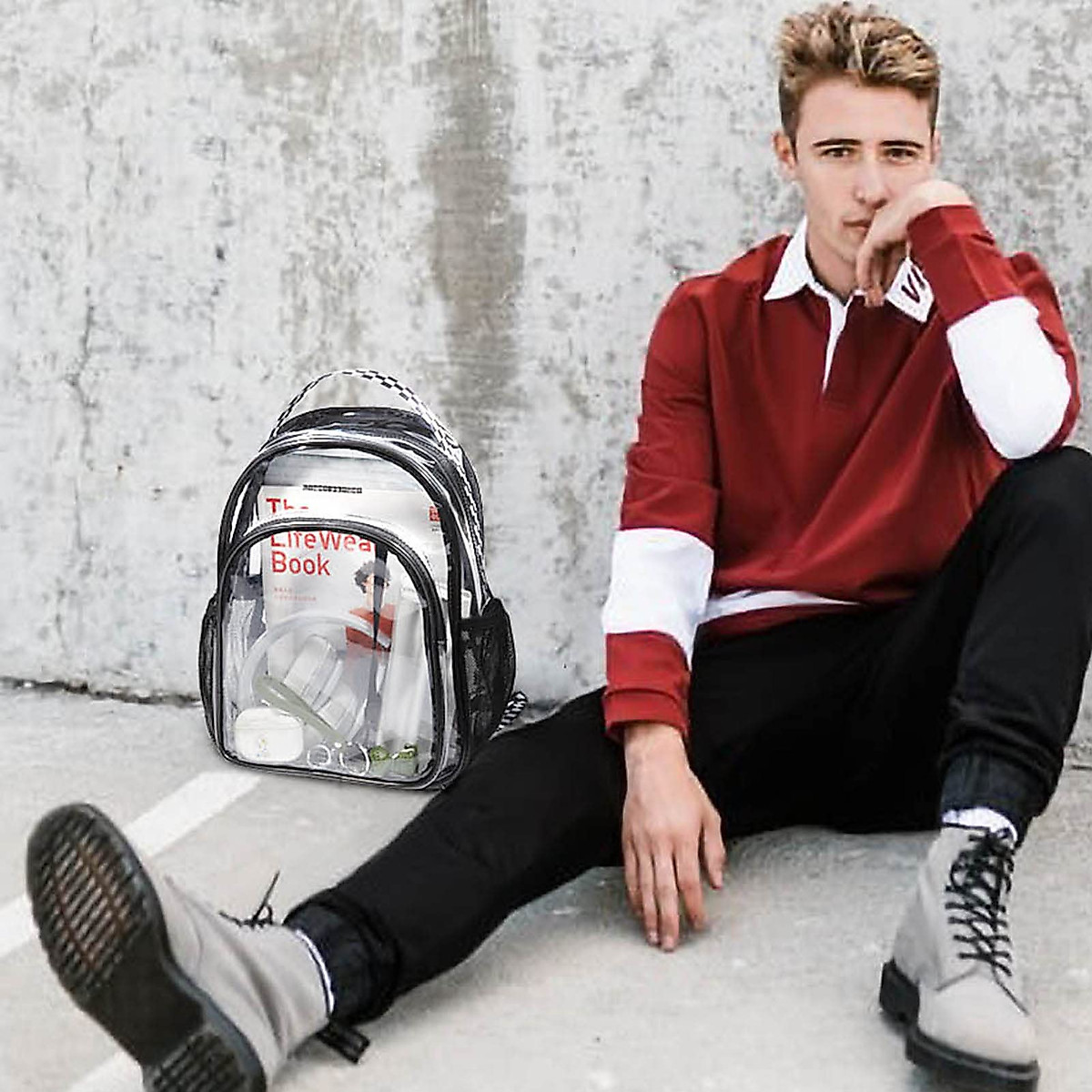 LIGHT FLIGHT Clear Backpack Mini Transparent Backpack Stadium Approved See Through Backpack for Work, Festivals, Sport Event, Black