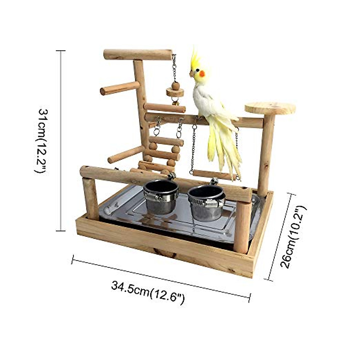 Borangs Parrots Playstand Bird Playground Wood Perch Gym Stand Playpen Bird Ladders Exercise Playgym with Feeder Cups for Parakeet Conure Cockatiel Lorikeet Budgie Cage Accessories Exercise Toy