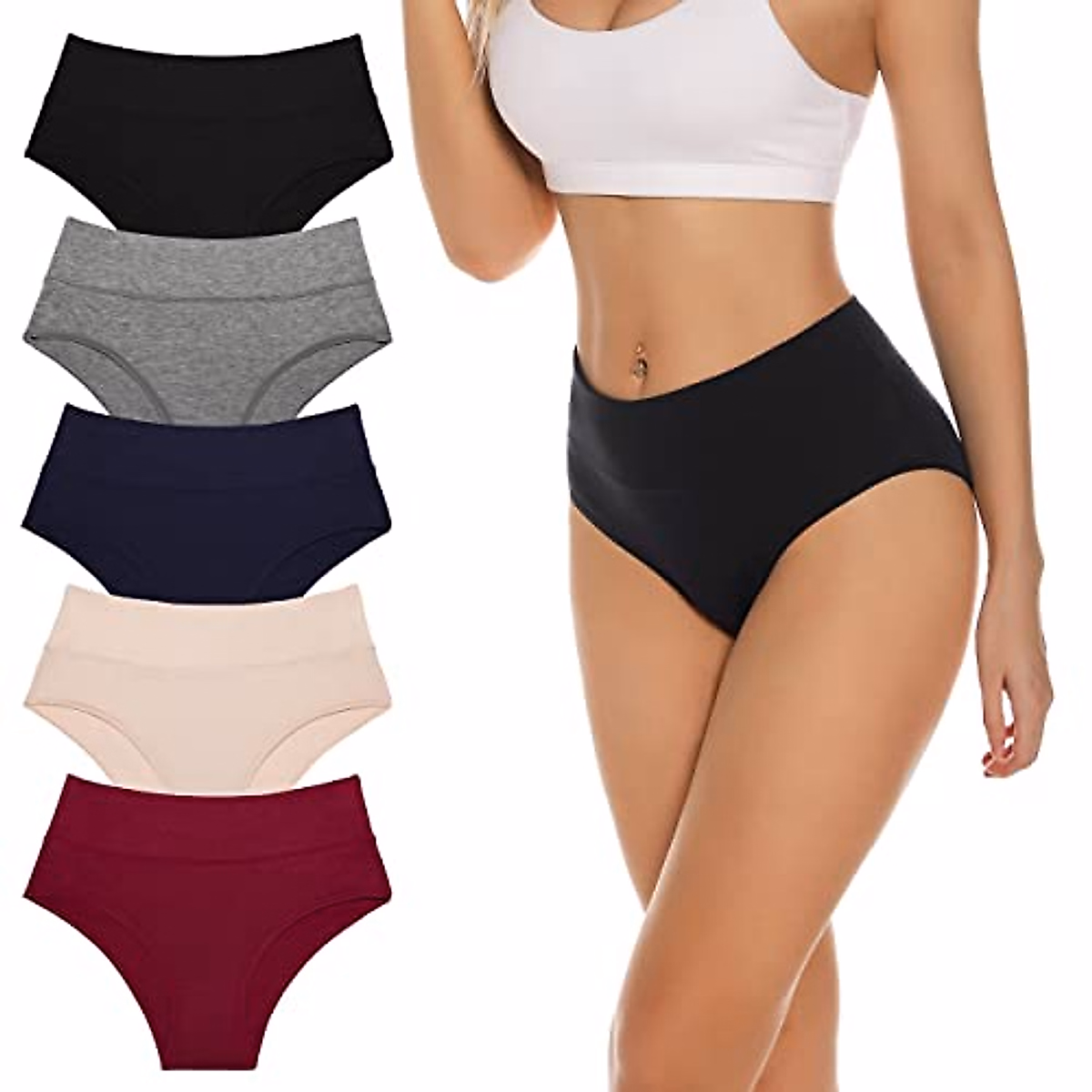 Riozz Women's High Waisted Cotton Underwear Tummy Control Briefs Ladies Full Coverage Soft Breathable Panties-5 Pack