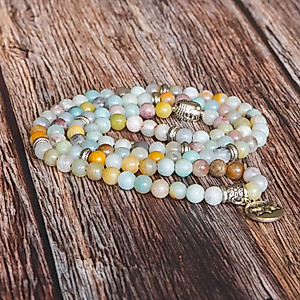 Bivei 108 Mala Beads Necklace Beaded Wrap Bracelets Genuine Gemstone Mala Prayer Beads Lotus Charm Yoga Meditation Necklace - -Amazonite