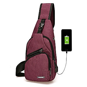Men's Women's Sling Chest Shoulder Bag Outdoor Travel Crossbody Backpack with USB Charging Port Rose Red