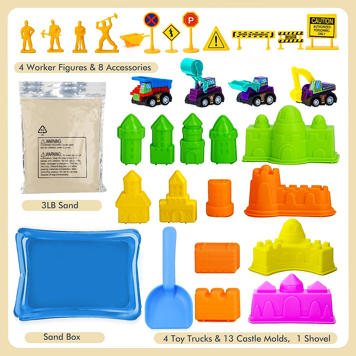 Play Sand for Kids, 3lbs Magic Sand, Building Castle Sand Molds Tools, Construction Trucks, Construction Toys and Signs, Sand Tray and Storage Bag, 43PCS Sandbox Toys Set for Toddlers Kids Boys Grils