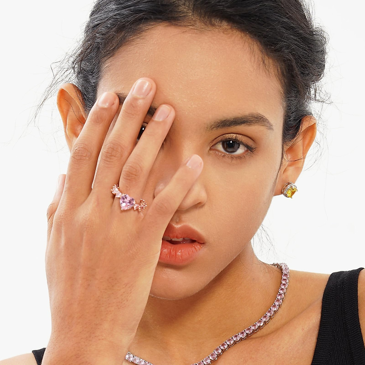 TOPGRILLZ Pink Heart Baguette Rings 14K Gold Silver Plated 5A+ Cubic Zirconia Iced Out Bling Promise Wedding Band Love Rings For Women Fashion(Rose Gold, 8)