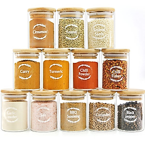 Urban Green Glass Spice Jars with Bamboo Lids - Set of 12 with Labels and Airtight Lids - For Herbs, Spices, and Dry Food Storage