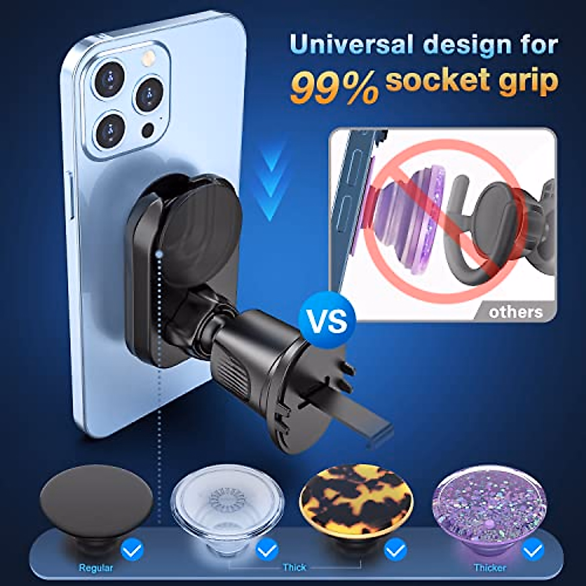 pop-tech Car Vent Phone Mount for Socket Grip, Air Vent Clip Phone Holder Compatible with Magsafe Wallet Black & iPhone Samsung Card Holder, Cell Phone Stand with Sticky Adhesive