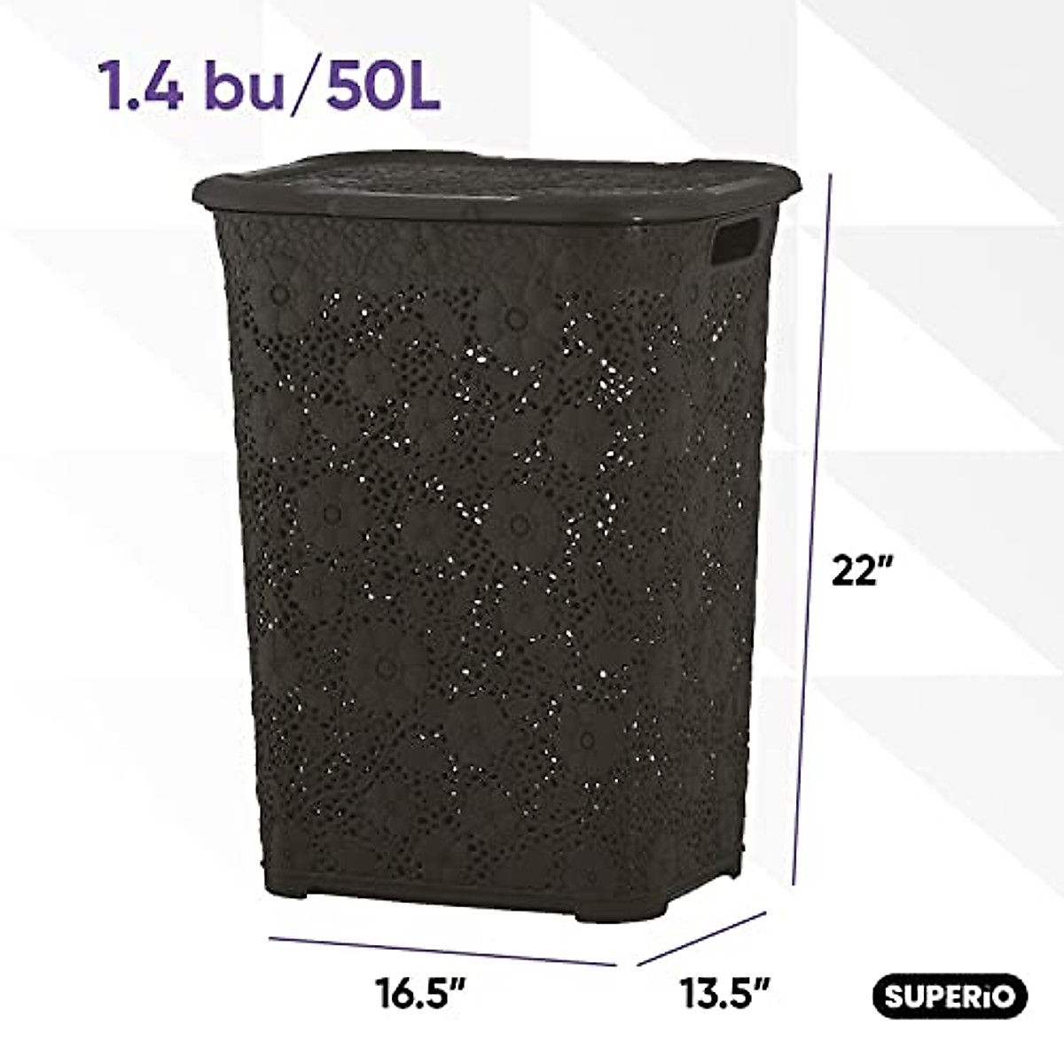 Laundry Hamper With Lid Lace Design 50 Liter - Brown Laundry Hamper Basket With Cutout Handles, Rectangular Shape Modern Style Bin - Dirty Cloths Storage. By Superio