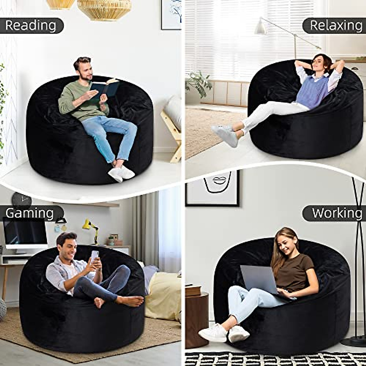 SIMFLAG 4Ft Bean Bag Chair, Memory Foam Filling Bean Bag Chairs with Velvet Cover, Removable and Machine Washable Cover, Giant Bean Bag Chair for Adult - Black