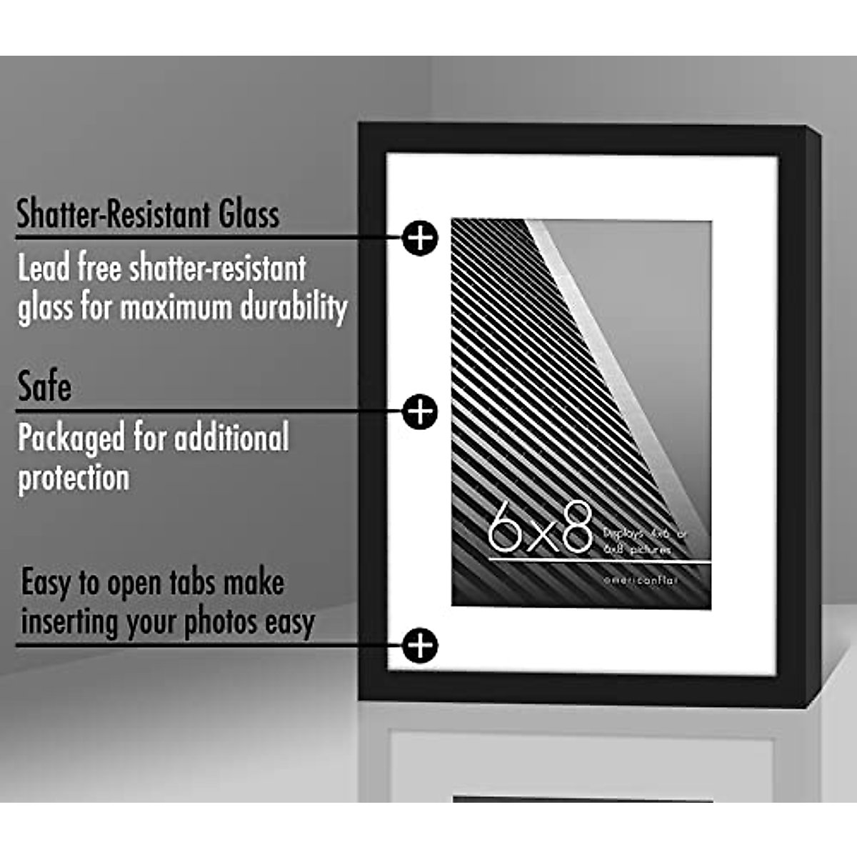 Americanflat 6x8 Picture Frame with Shatter-Resistant Glass - Use as 4x6 Frame with Mat or 6x8 Frame Without Mat - Streamline Collection - Thin Photo Frame for Wall and Tabletop Display - Black