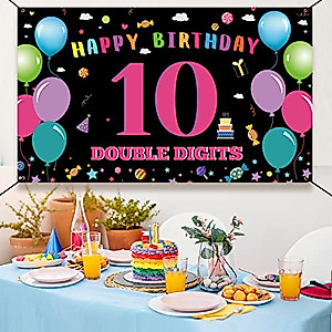 HTDZZI 10th Birthday Decorations for Girl, Happy 10th Birthday Backdrop Banner, Double Digits 10 Year Old Birthday Party Yard Sign Photo Booth Props Poster Decor Supplies, Fabric, 6.1ft x 3.6ft