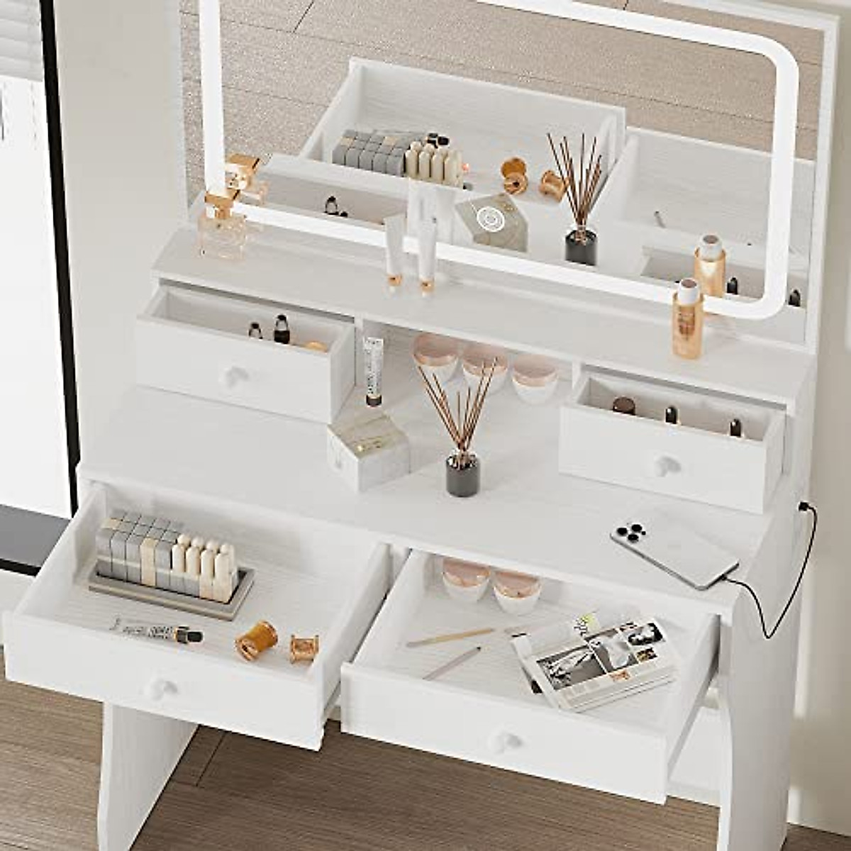 IRONCK Vanity Desk Set with LED Lighted Mirror & Power Outlet, Makeup Vanity Table with 4 Drawers,Storage Stool,for Bedroom, Bathroom, White