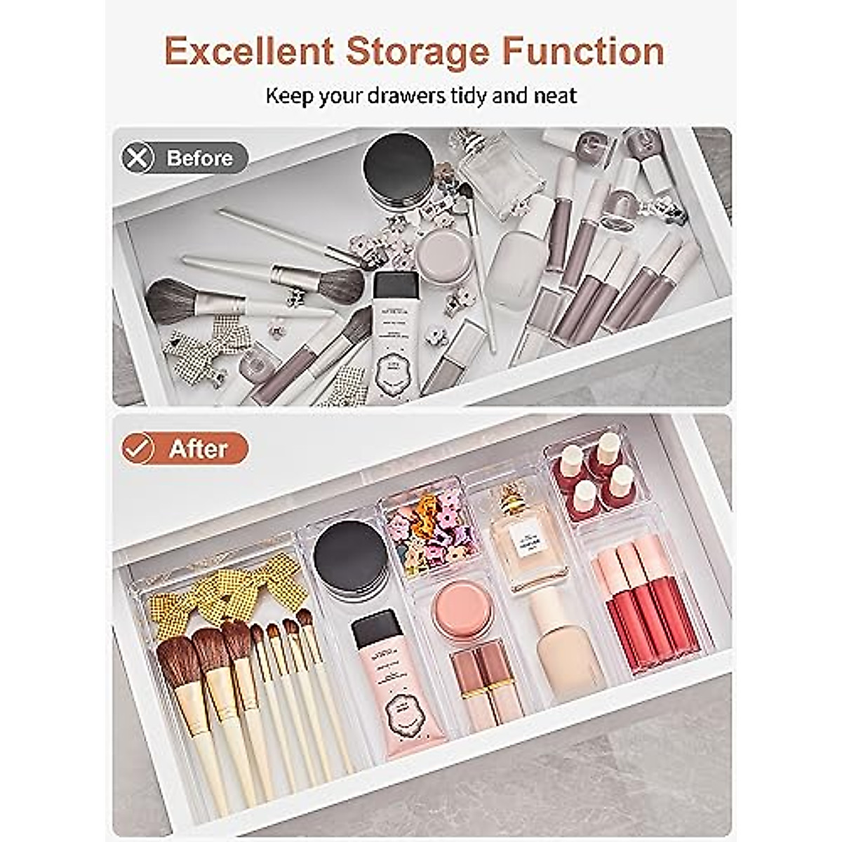 SMARTAKE 37-Piece Drawer Organizer with Non-Slip Silicone Pads, 4-Size Desk Drawer Organizer Trays Storage Tray for Makeup, Jewelries, Utensils in Bedroom Dresser, Office and Kitchen (Clear)