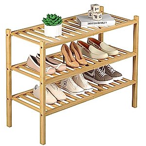 ROMGUAR CRAFT 3 Tier Bamboo Shoe Rack for Closet Free Standing Wood Shoe Shelf for Entryway Small Space Stackable 27"x11"x20" (Natural)